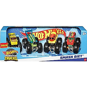 Hot Wheels Monster Trucks, 1:64 Scale Monster Trucks Toy Trucks, Set of 4, Giant Wheels, Favorite Characters and Cool Designs