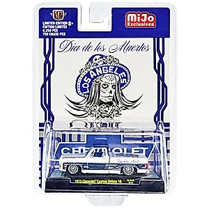 M2 1973 Chevy Custom Deluxe 10 Pickup White Met w/Graphics Dia De Los Muertos Los Angeles LTD ED to 8250 pcs 1/64 Diecast Model Machines 31500-MJS49