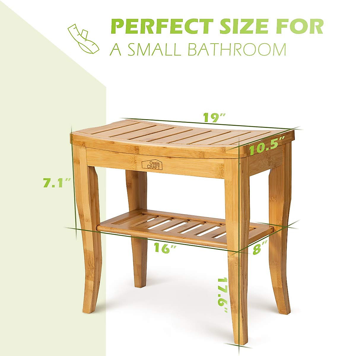 OasisCraft Bamboo Shower Bench and Chair with Free Soap Dish, 19" Waterproof Bamboo Shower Seat Bench with Shelf, Wooden Bathroom Seat Stool Spa Bath Organizer, Perfect for Indoor Outdoor