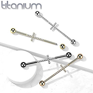 Titanium Industrial Barbell with Cross CNC Set Lined CZ (Black/Clear)