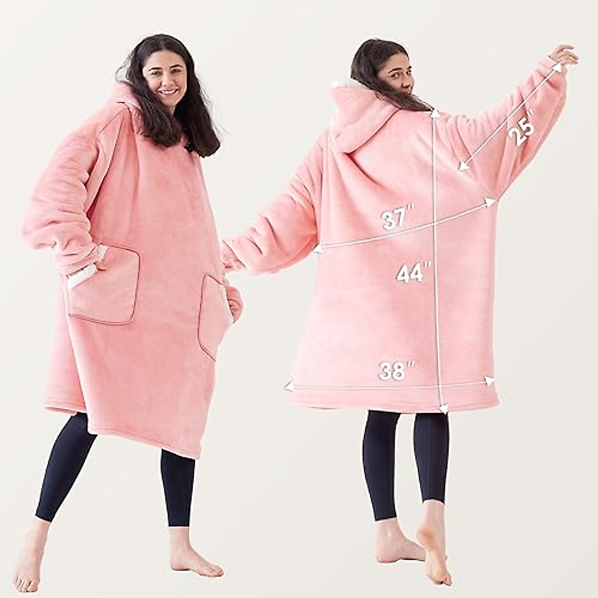 EHEYCIGA Wearable Blanket Hoodie with Pockets and Sleeves, Flannel Fleece Hooded Blanket for Women Men Adults and Kids, Pink, Extended Oversize