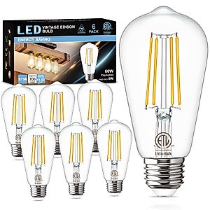 Vintage LED Edison Bulbs E26 Standard Base, Golspark 3000K Soft White 6W E26 LED Bulb 60 Watt Equivalent, Outdoor Antique ST58 Filament Clear Glass Type A Light Bulb, 85+CRI, 6 Pack 700LM Non-dimmable