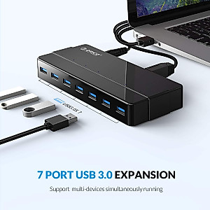 Powered 7-Port USB 3.0 Hub, ORICO USB Data Hub with 12V Power Adapter, Multi USB 3.0 Splitter with 3.3 Ft Long USB Cable for PC, Laptop, Keyboard, Mouse, HDDs and More-Black