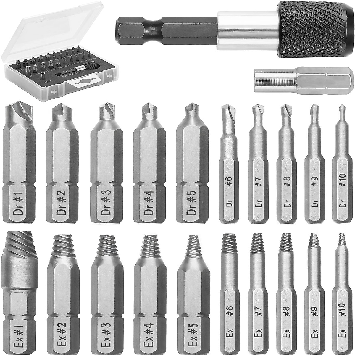 22 pc Screw Extractor Set for Stripped, Broken, Damaged Screws - Remover Kit w/Drill Bits Extractors, Bit Extension & Socket Adapter by Mata1