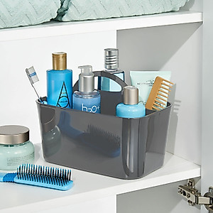 mDesign Small Plastic Shower/Bath Storage Organizer Caddy Tote with Handle for Dorm, Shelf, Cabinet - Hold Soap, Shampoo, Conditioner, Combs, Brushes, Lumiere Collection, Dark Gray