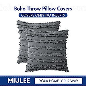 MIULEE Set of 2 Decorative Boho Throw Pillow Covers Linen Striped Jacquard Pattern Cushion Covers for Sofa Couch Living Room Bedroom 18x18 Inch Dark Grey