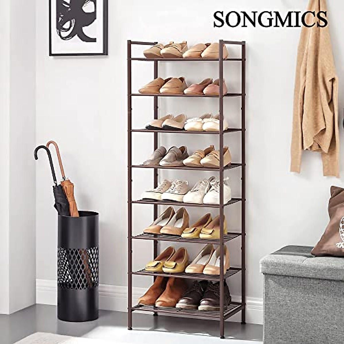 SONGMICS Shoe Rack 8 Tier Tall Shoe Storage Organizer, Sturdy Metal Narrow Shoe Rack Shelf for Closet Entry Small Space, Slim Shoe Stand Holder for 16-24 Pairs, Stackable Vertical Shoe Tower, Bronze