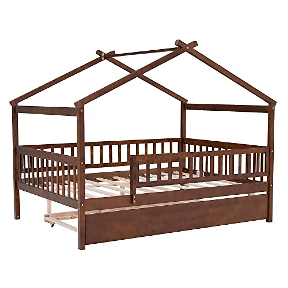 DHHU Daybed with Trundle, Full Size Wooden House Bed with Twin Size Trundle Bed, Wood Bed Frame with Roof and Safety Guardrail for Kids, Teens, Boys or Girls, No Box Spring Required