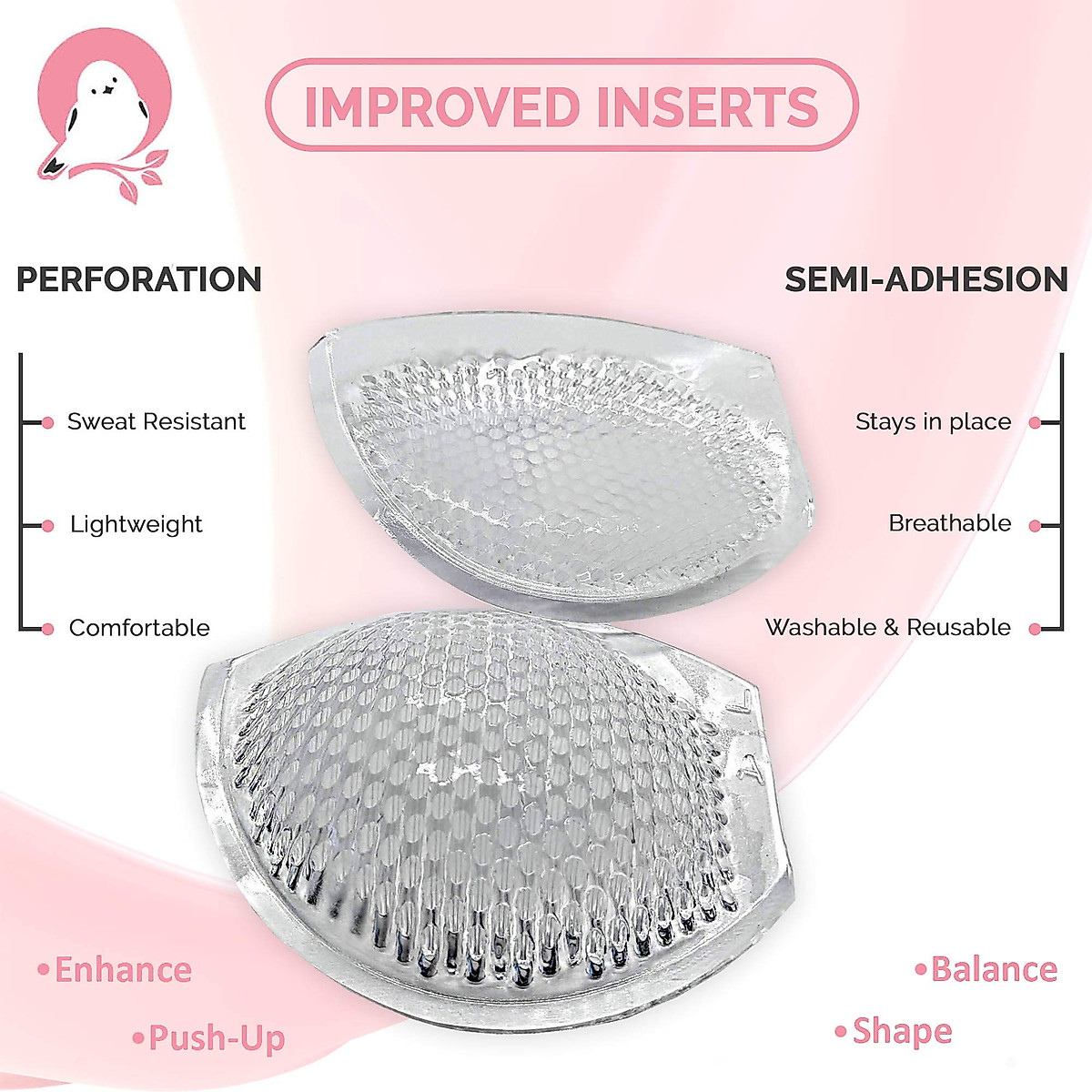 Femerchi Silicone Bra Inserts Pads for Sizes A-D – Breathable, Nonslip Breast Enhancers Inserts – Reusable, Washable Bra Pads Inserts Push Up – Semi-Adhesive Design for Bra, Bikini, Sports Bra