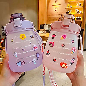 BOQQ Glitz Big Belly Bottle 1.4l, Big Belly Water Bottle, Water Bottles with Times to Drink, with Straw, Shoulder Strap and 3d Stickers (Purple)