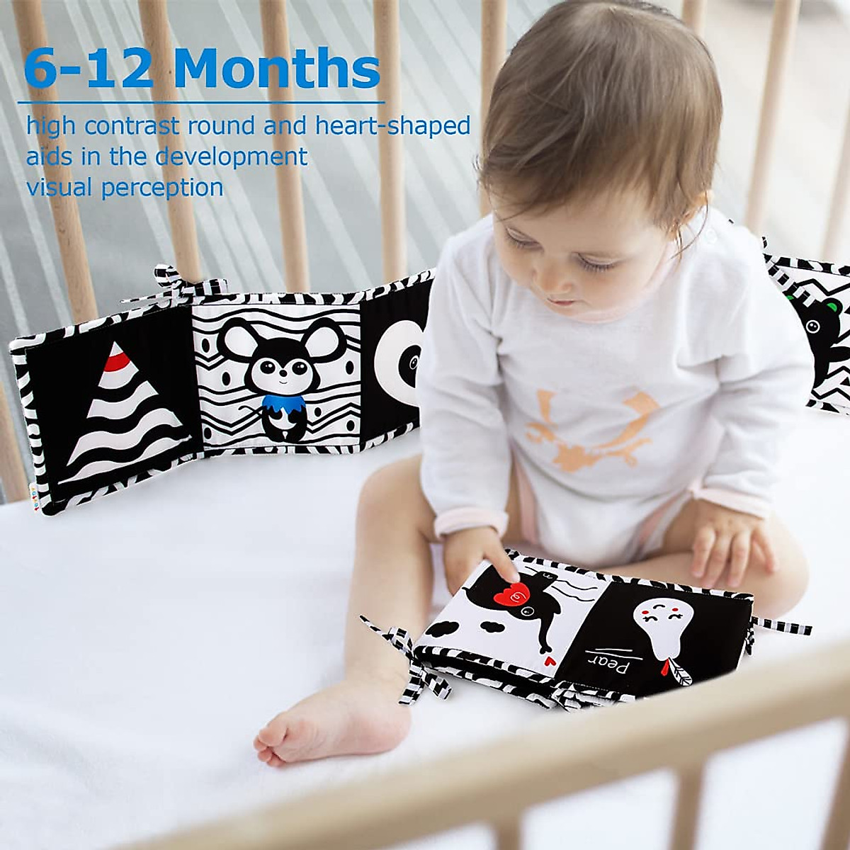 teytoy Black and White High Contrast Baby Book Infant Tummy Time Newborn Toys 0 3 Months Brain Development Stroller Toys Crinkle Folding Baby Soft Books Crib & Carseat Toys for Infants 0-6 Months