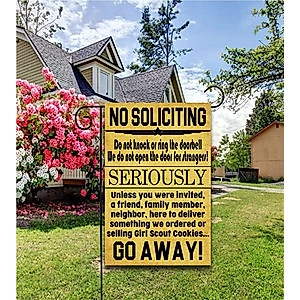 Funny No Soliciting Flag Homeowners Flag Funny Go Away Flag Funny Garden Flag No Soliciting Sign mothers day House Gift Decor Yard Decor Outdoor Decor Double Sided Flax Garden Flag 12" x 18"