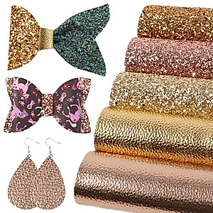David accessories Chunky Glitter Faux Leather Sheets Metallic Grain Texture Pattern Fabric Crafts 5Pcs 7.7" x 12.9" (20 cm x 33 cm) for DIY Bows Clips Making Materials (Gold Series)