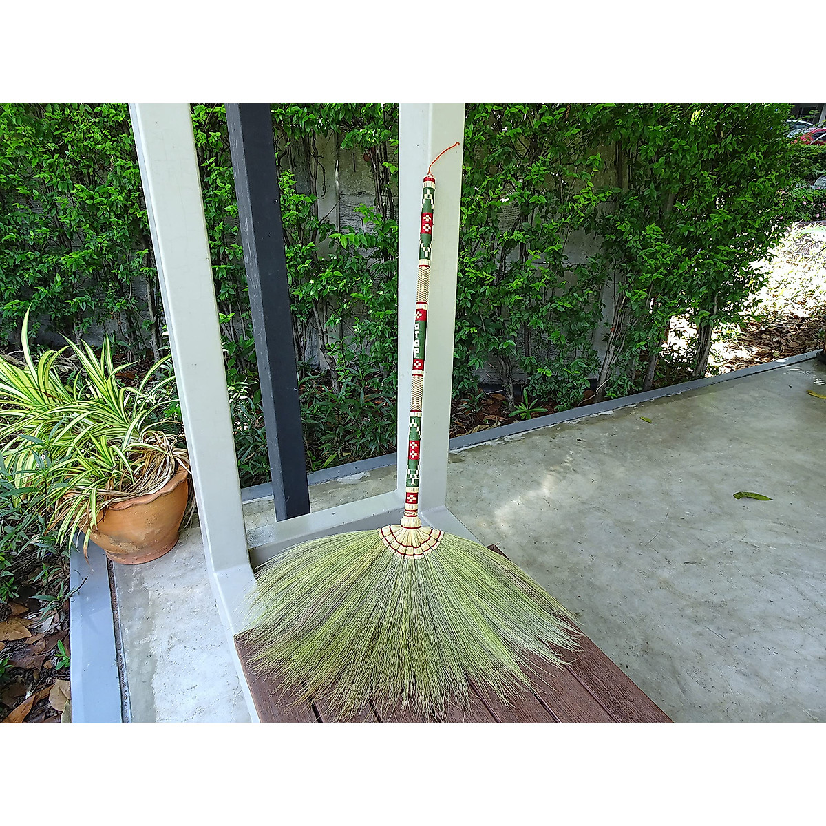 Asian Thai Handmade Broom ONE Piece Selected at Random for Sweeping Natural Grass & Wood Handle Corn Broom + 100% Calico Cotton Duster Cover (Various Styles and Colours as Pictured)