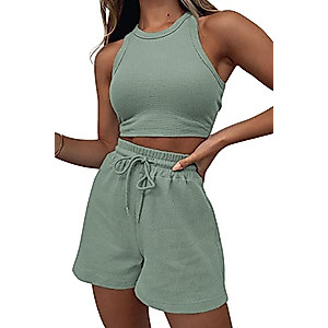 AUTOMET Womens 2 Piece Outfits Lounge Matching Sets Two Piece Linen Shorts Spring Tops Trendy Clothes Summer Vacation Resort Wear for Women 2023