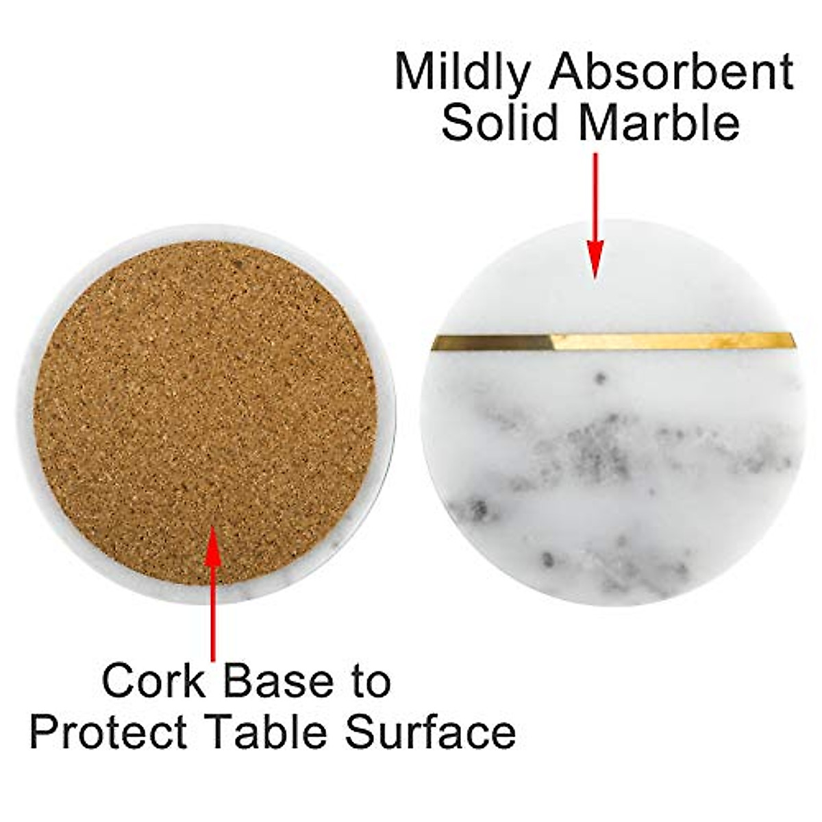 HighFree 6 Pack Absorbent Marble Coasters with Gold Brass Inlay, Handcrafted White Marble Coasters for Coffee Table Drinks/Bar Glasses, 4 Inches