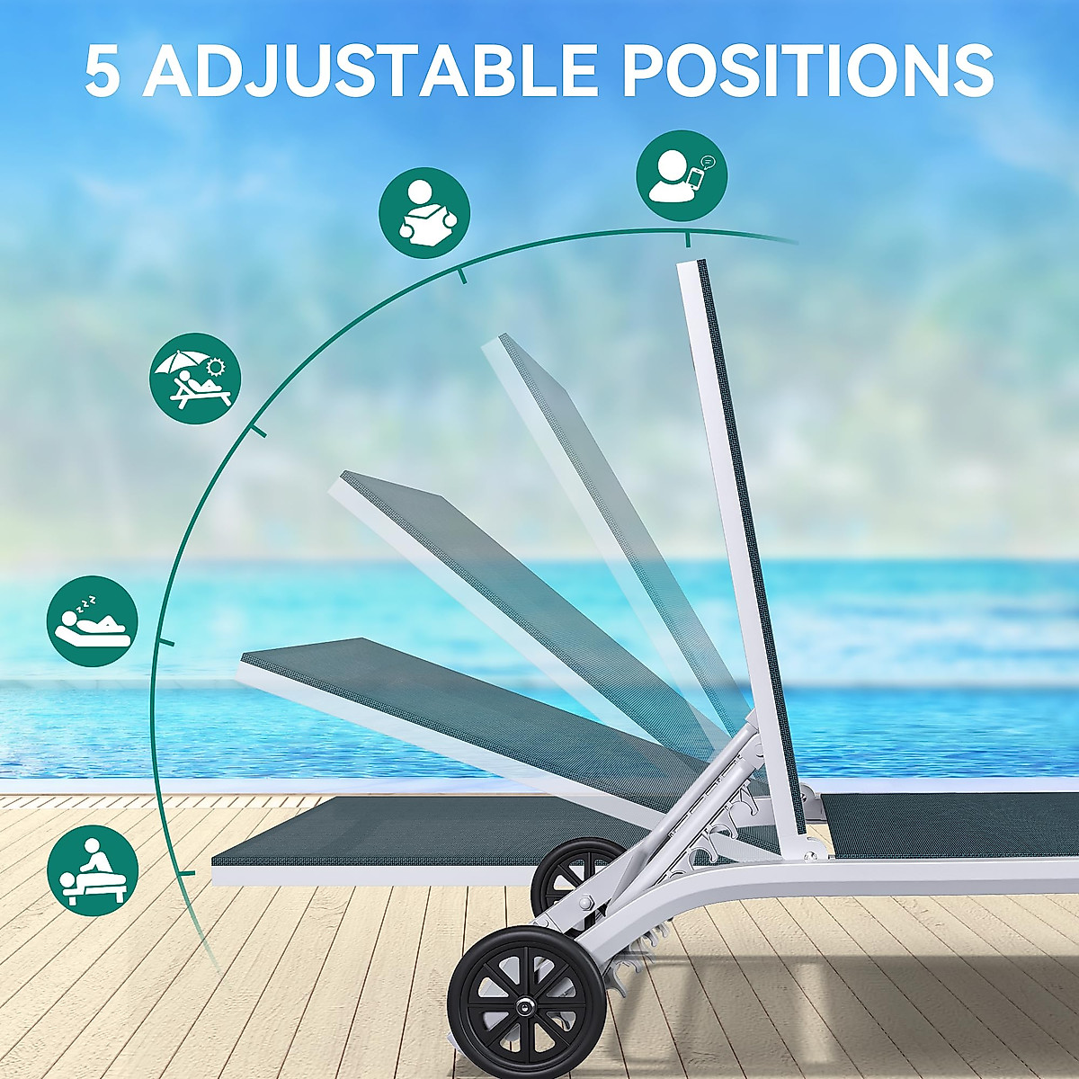 YITAHOME Aluminum Outdoor Chaise Lounge Set of 4 with Wheels, Pool Lounge Chair Patio Lounger with Extended Width, 5-Position Adjustable Backrest for Patio, Poolside, Deck - Dark Green