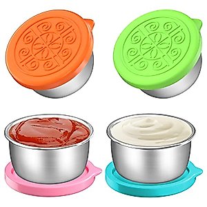 Stainless Steel Condiment Containers with Lids, 4 x1.7 oz Salad Dressing Container To Go, Leakproof Reusable Sauce Container with Silicone Lids, Small Dipping Sauce Cups for Lunch Box Picnic Travel