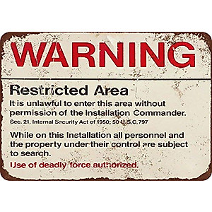 HomDeo Ranch Metal Signs Vintage Yard Decor Art Tin Sign 8 x 12 Retro Warning Restricted Military Area 51 Vintage Look Basement