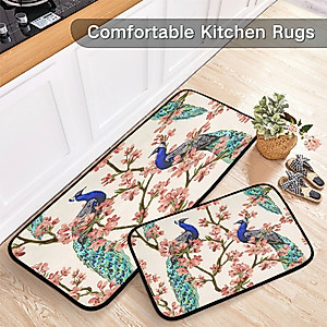 Peacock Flower Tree Kitchen Mat Set 2PCS, Super Absorbent Kitchen Rugs and Mats Non Slip Easy Clean Carpets Rugs for Kitchen Floor Sink Laundry Runner Area Rug Carpet