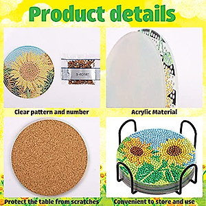 Sunflower Diamond Painting Coasters DIY Diamond Art Coaster 5D Full Drill Diamond Coaster Acrylic Round Cup Coaster with Holder Cork Pad for Summer Fall Thanksgiving Party Home Decor DIY Crafts, 8 PCS
