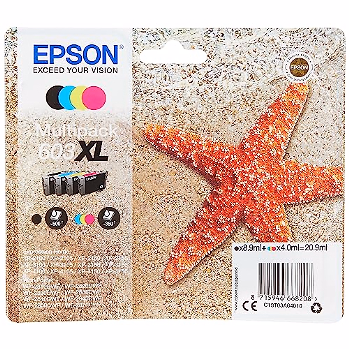 Epson Multipack 603XL Starfish Original XL High Capacity Ink Cartridges 4 Colours Black, Cyan, Magenta, Yellow, XP-2100 XP-2150 XP-3100 XP-3150 XP-4100 WF-2810DWF WF-2820 WF-2830DWF