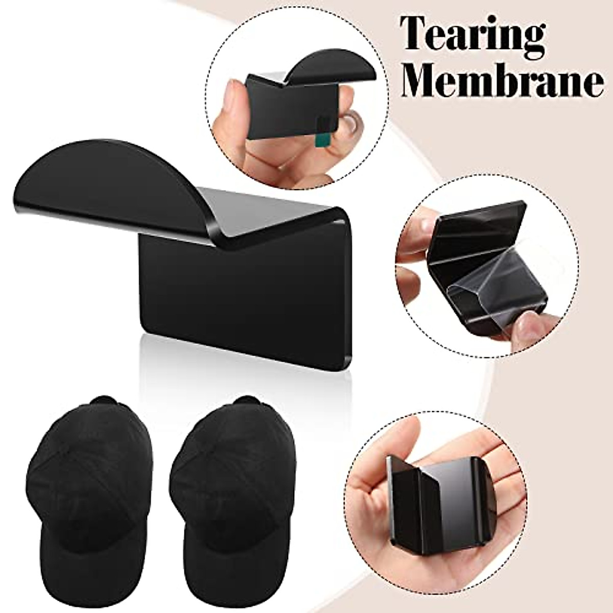 12 Pieces Adhesive Hat Rack for Wall, Acrylic Baseball Hat Holder Organizer No Drilling Hat Holder Stick on Hat Hook Hat Display Shelf for Home, Office, Black