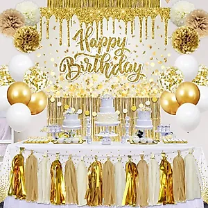 Gold Birthday Party Decorations Set Happy Birthday Decorations for Women Girls- Happy Birthday Banner Backdrop Gold and White Balloons Tassel Curtains Gold Dot Tablecloth Birthday Party Supplies