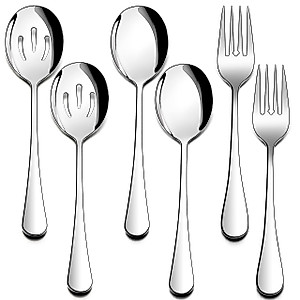 Homikit Stainless Steel 2 Serving Spoons, 2 Slotted Serving Spoons, 2 Serving Forks, Metal Buffet Party Banquet Restaurant Catering Serving Utensils Spoons Forks Set, Mirror Polished, Dishwasher Safe