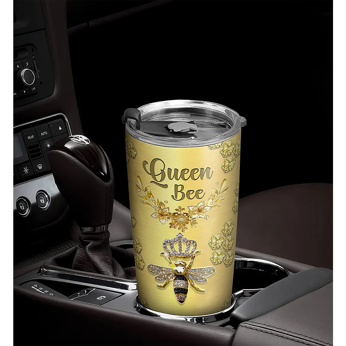 20oz Printed Jewelry Crystal Queen Bee Tumbler, Gifts for Bee Lovers, Coffee Thermos for Women, Stainless Steel Double Wall Vacuum Insulated Coffee Mug, Travel Cup with Lid