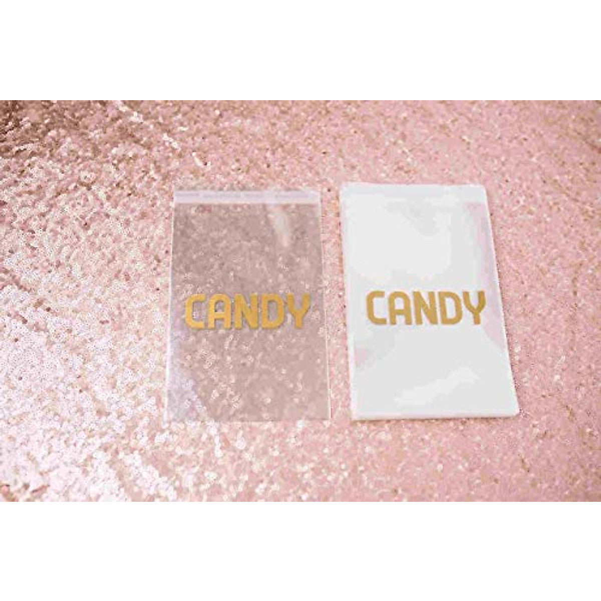 Sweet Details Party Co. Cellophane 'Candy' Bags (100 Pack) Gold & Clear Goodie Bags for Candy Bar & Buffet Gifts- Wedding/Birthday Party Favor Bags- Self-Sealing & Resealable Adhesive - NO Ties!