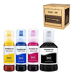 BABU Compatible Ink Bottle Replacement for T502 502 Refill Ink for ET-2700 ET-2750 ET-3760 ET-4760 ET-3700 ET-3760 ET-3750 ET-4750 ET-2760 ET-3850 Printer (Black Cyan Magenta Yellow, 4 Pack)