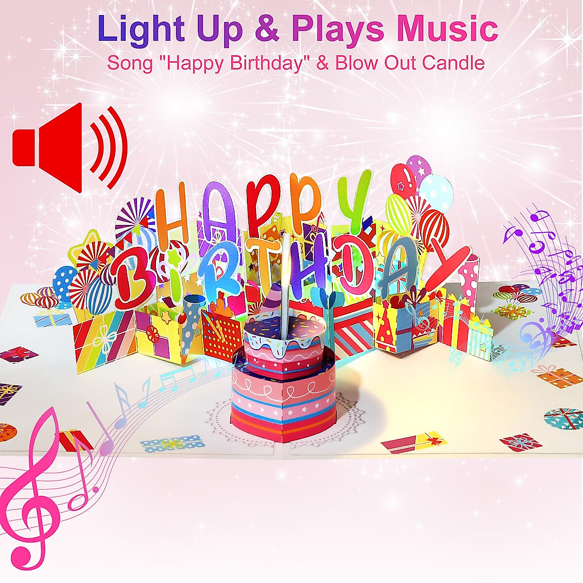 Yinqing Birthday Gift Cards, Light and Music Happy Birthday Card, 3D Pop Up Birthday Card with Blowable Candle for Women Men Kids Husband Wife Mom Dad Daughter.