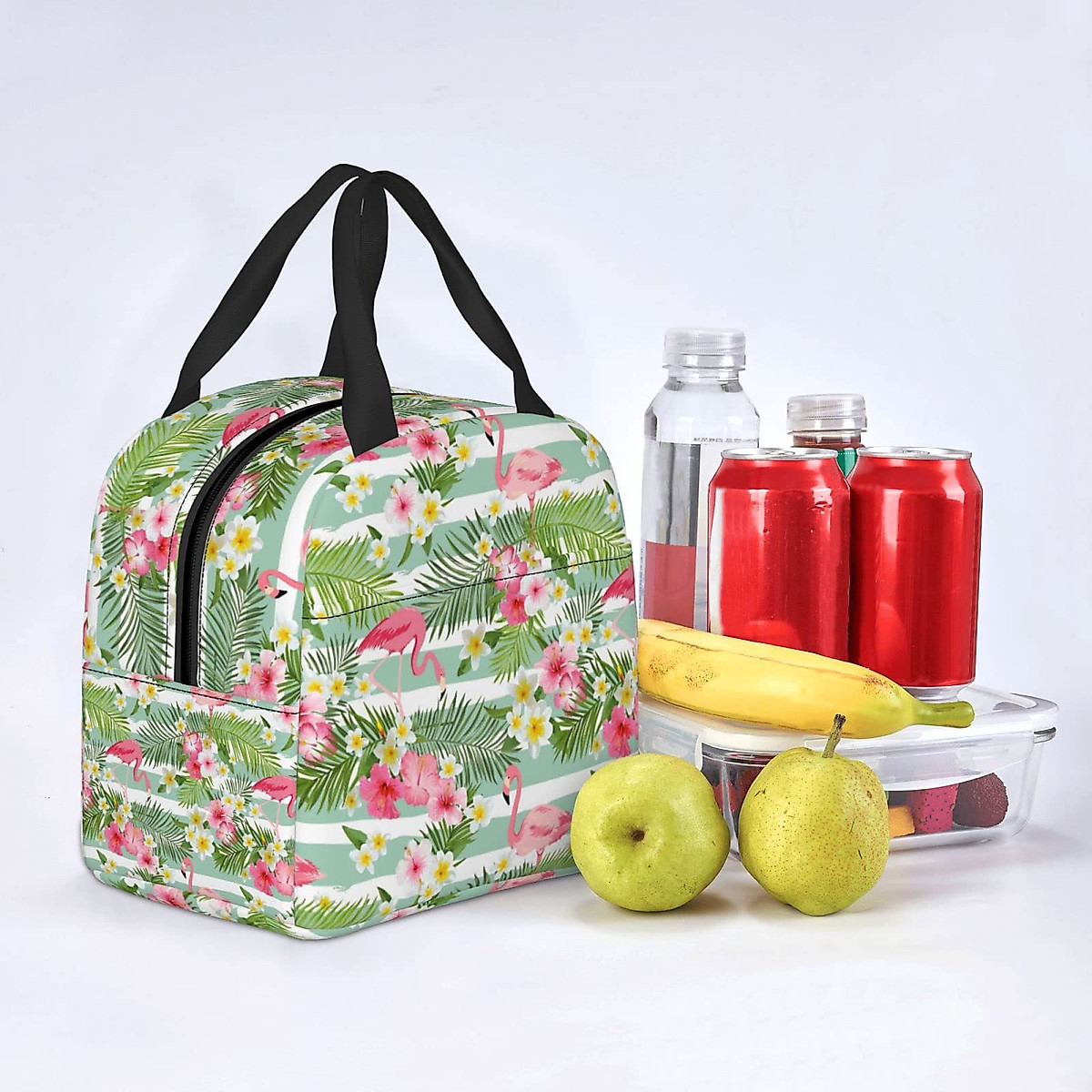 Flamingo Tropical Flowers Reusable Insulated Lunch Bag For Women Men Waterproof Tote Lunch Box Thermal Cooler Lunch Tote Bag For Work Office Travel Picnic