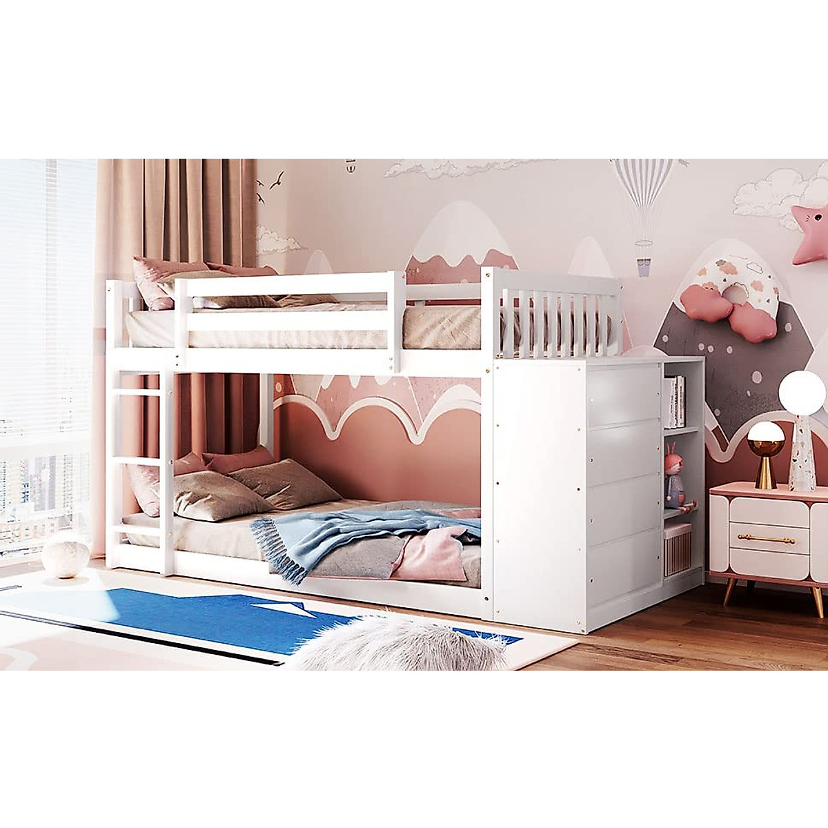 Harper & Bright Designs Twin Over Twin Bunk Bed with Storage, Wood Floor Bunk Beds with 4 Drawers and 3 Shelves, Low Bunk Bed, Twin Loft Bed for Kids, Girls Boys, Teens, Adults (White)