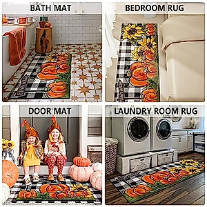 Faptoena Fall Kitchen Rugs Set of 2,Pumpkin Patch Sunflower Thanksgiving Floor Mats and Rugs Non Skid Washable for Kitchen Home Decor,Fall Farmhouse Decorations and Accessories (17"x47"+17"x30")