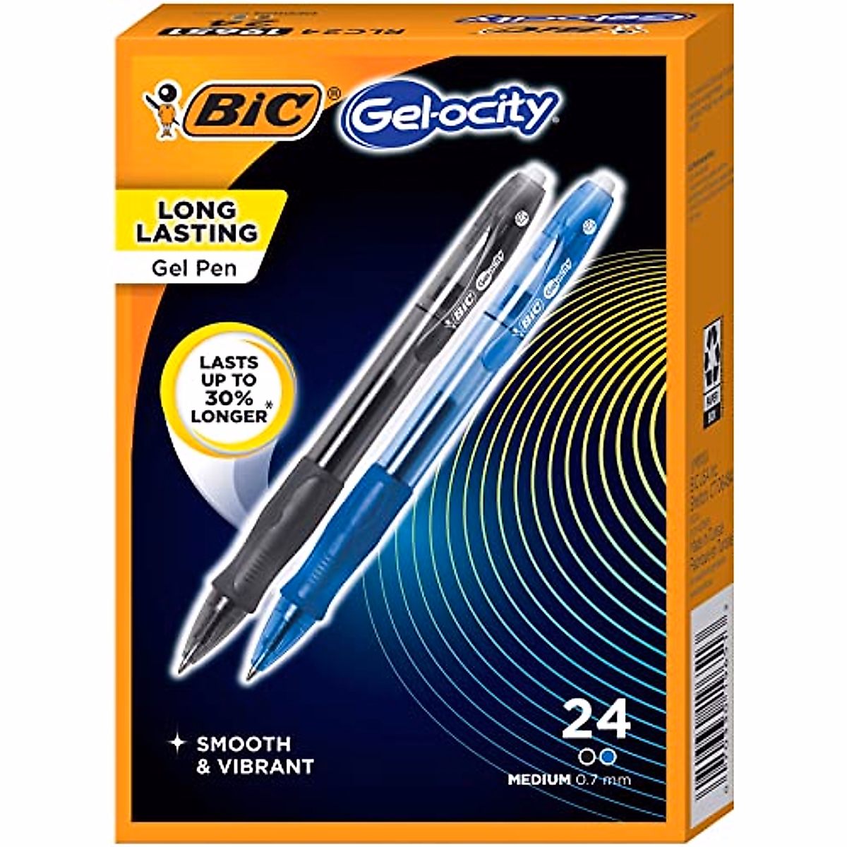 BIC SUPER SMOOTH Gel-ocity gel pens, Bulk Pack Of 24 Ink Pens, 12 Black And 12 Blue Retractable Gel Pens, Medium Point 0.7 mm, 24-count