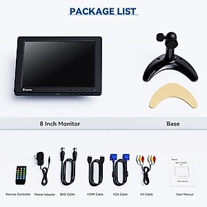 Eyoyo 8 Inch Small Monitor, 1024x768 4:3 IPS Mini HDMI Monitor Support HDMI/VGA/AV/BNC Input with Remote Control & Built-in Speakers, Security Monitor for Computer Raspi CCTV Camera