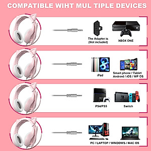 Mokochy Gaming Headsets with Mic Noise Cancelling Headphone Pink with Cat Ears Girly Headset with Microphone Wired 3.5mm Headphones for PC/Mac Headphones