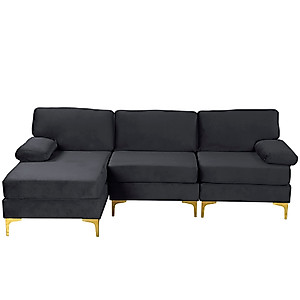 Casa Andrea Milano Modern Large Velvet Fabric Sectional Sofa Couch with Extra Wide Chaise Lounge with Golden Legs