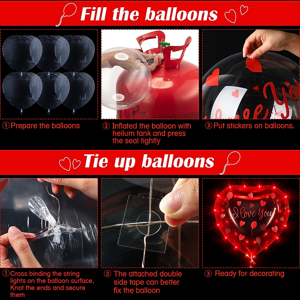 Red Heart Light Up Balloons, 6 Pack 20 Inches BoBo Bubble Transparent Helium Balloons with 10 Feet LED String Lights for Valentines Wedding Party Decoration (Red)