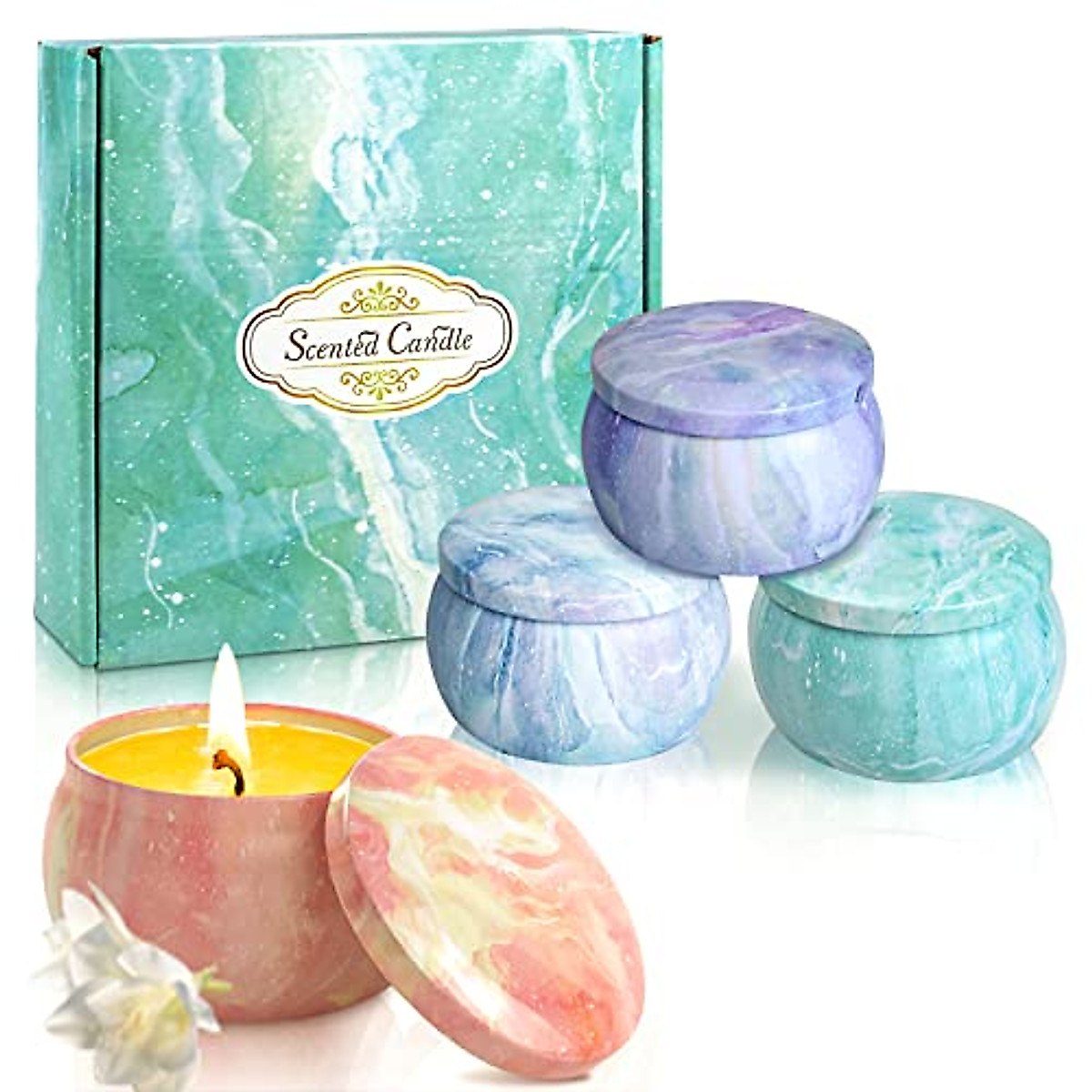 Scented Candles Women Gifts Set: Aromatherapy 4pack Lemon Lavender Vanilla French Freesia 100%Soy Natural Wax 4.4 Ounce Travel Tin Fragrance Relaxing Stress Relief Aroma Home Yoga Birthday Mother