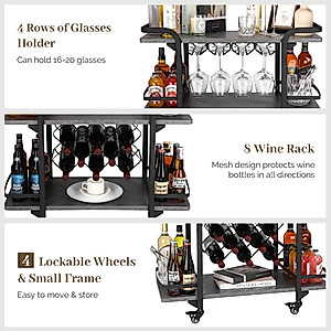 Jubao 3-Tier Bar Cart for The Home Mobile Serving with Glass Holders and 8 Wine Racks Storage, Wine Trolley Kitchen Island Cart on Wheels, Modern Coffee Cart for Kitchen Outdoor