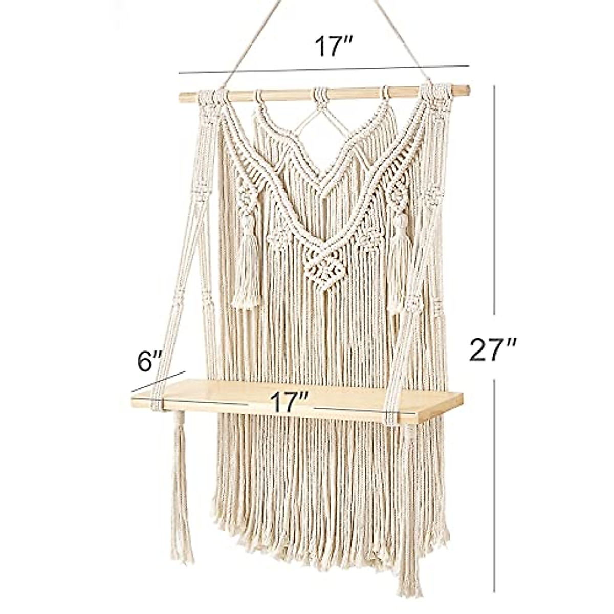 Mkono Macrame Wall Hanging Shelf Boho Decor Wood Floating Shelf for Bedroom Living Room Nursery Bathroom, Handmade Woven Rope Storage Rack for Photo Frames Plant Display