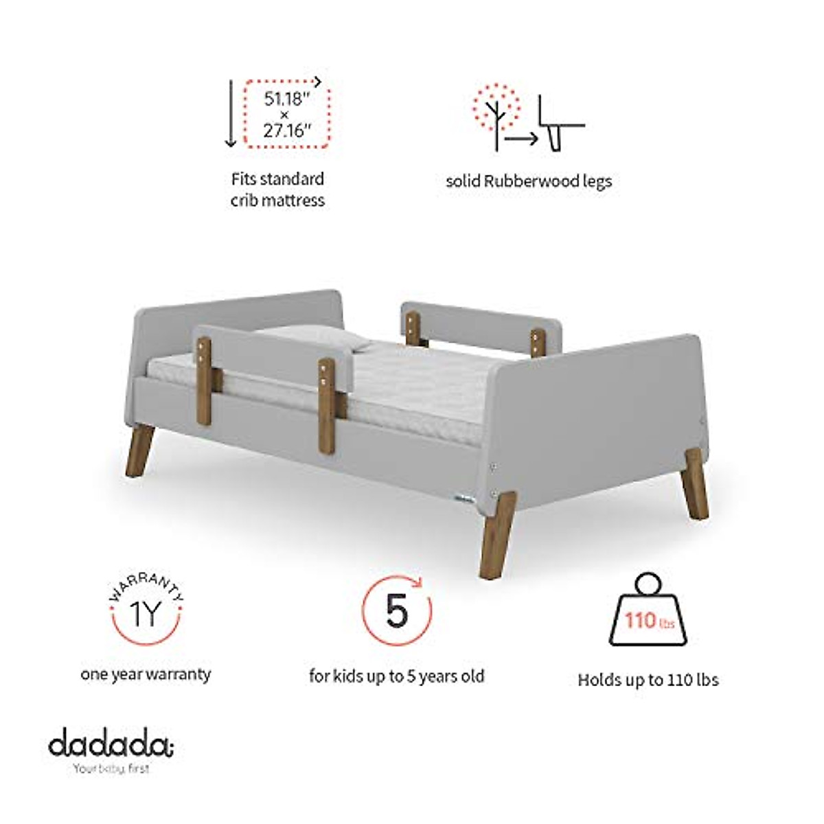 dadada Muse Toddler Bed with Removable Rails – Toddler and Kids Bed Set Fits Standard Crib Mattress, Holds up to 50 Lbs. – Modern, Easy-to-Assemble, 55.15x 31.26x17.95 in. Gray + Natural …