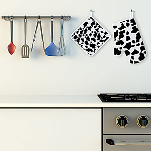 Kitchen Oven Gloves Mats Heat Resistant Potholders Sets 1 Oven Mitts and 1 Cow Pattern Print Pot Holders for Cooking,BBQ,2 Piece