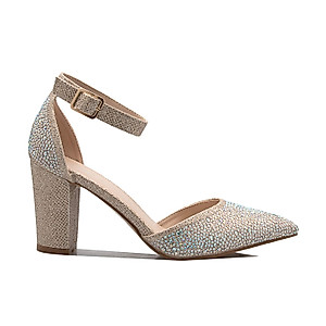 Olivia K Women's Sexy D'Orsay Ankle Strap Pointed Toe Block Heel Pump - Classic, Comfortable (9, Champagne Glitter, numeric_9)