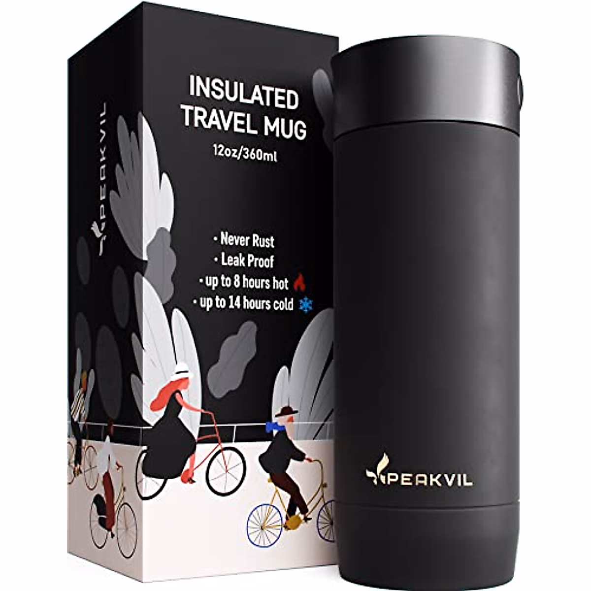 Peakvil 12 oz Insulated Thermos Travel Coffee Mug with Push Button Lid - Leakproof Reusable 304 Stainless Steel Tumbler Cup for Keep Hot/Ice, Coffee, Tea, Water