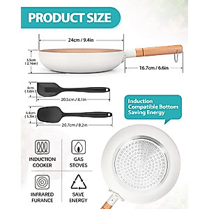 BUNDLEPRO Nonstick Frying Pan, Granite Coating Skillet with Wooden Handle, 9.4'' Induction Compatible White Aluminum Cookware for Cooking Fish, Egg, Chicken, Steak,Vegetables
