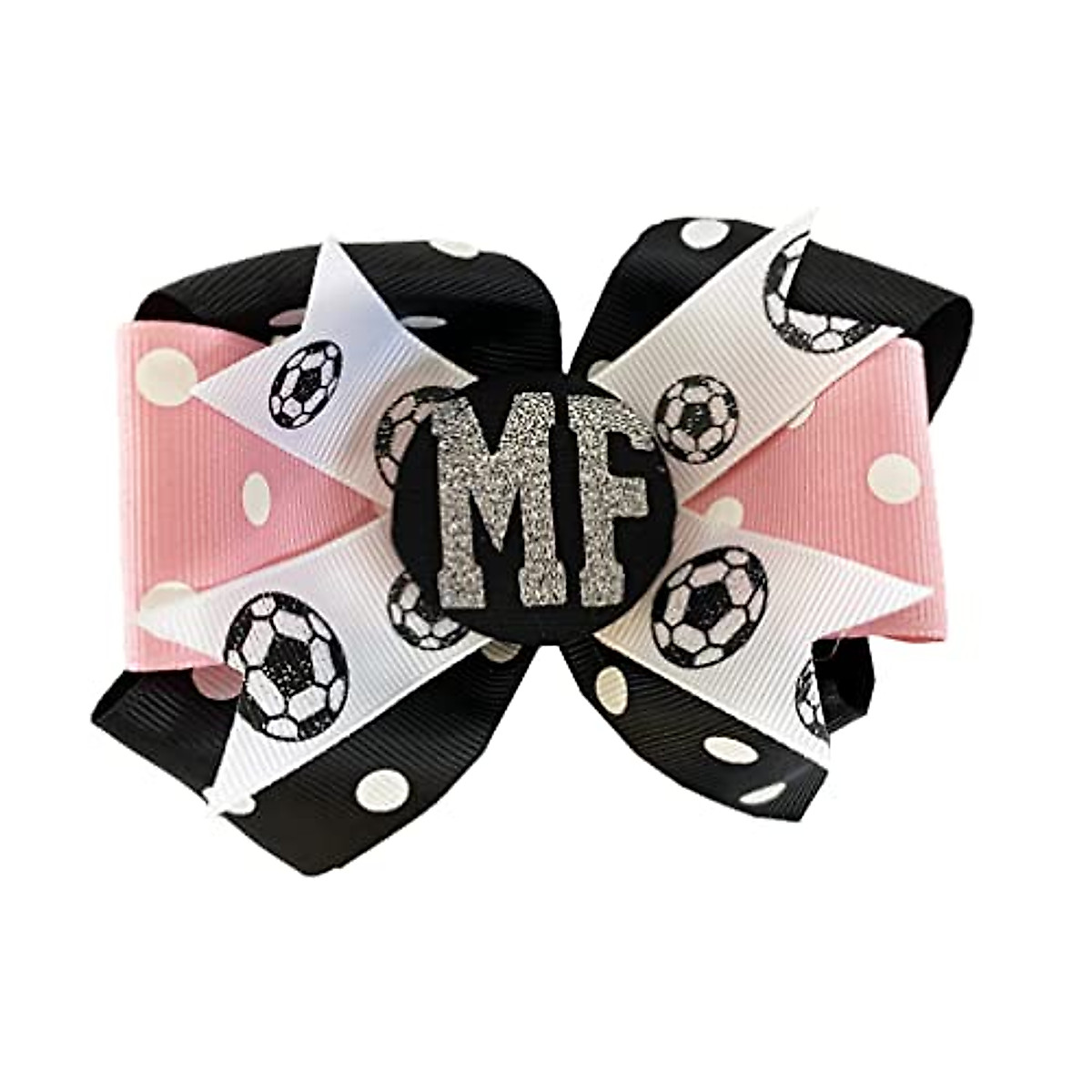Soccer Bow with Glitter Initial or Number Button, Hot Pink Black and White, Baseball Softball Cheer and Volleyball Football
